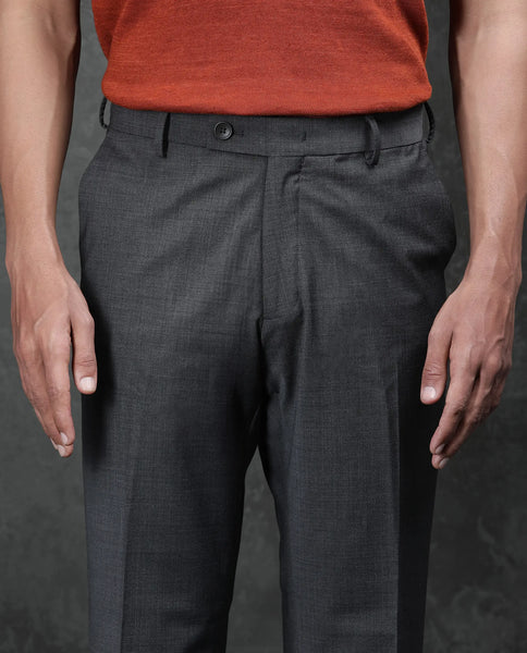 Rare Rabbit Men Arbo Grey Wool Button Closure Regualr Fit Plain Trouse