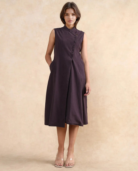Rareism Women Beniz Dark Brown Cotton Fabric Sleeveless High Neck Butt