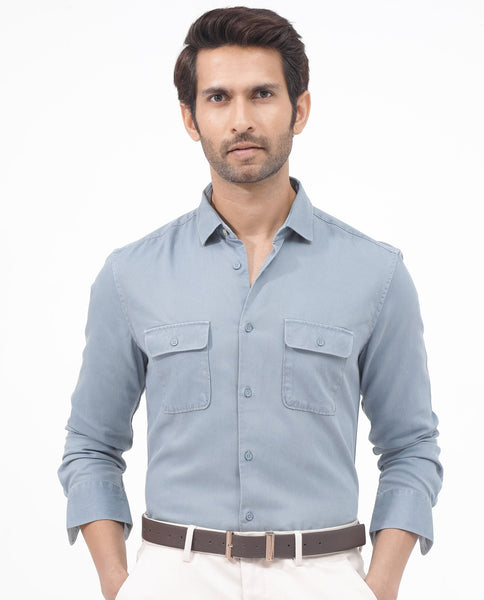 Rare Rabbit Mens Lyton-2 Dusky Blue Full Sleeve Over Dyed Front Flap P