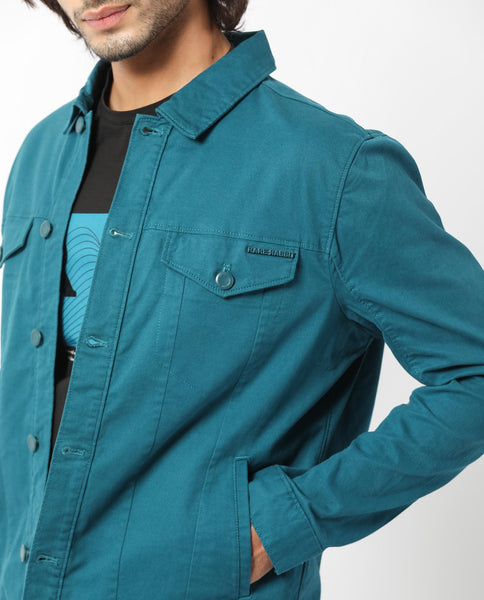Rare Rabbit Men's Vintage Dark Teal Plain Denim Trucker Jacket