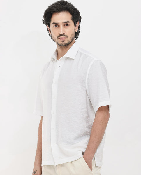 Rare Rabbit Men's Flo White Viscose Fabric Half Sleeves Boxy Fit Creas