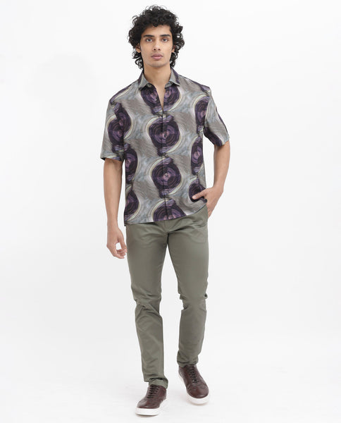 Rare Rabbit Men's Marock Dusky Olive Viscose Fabric Half Sleeves Boxy